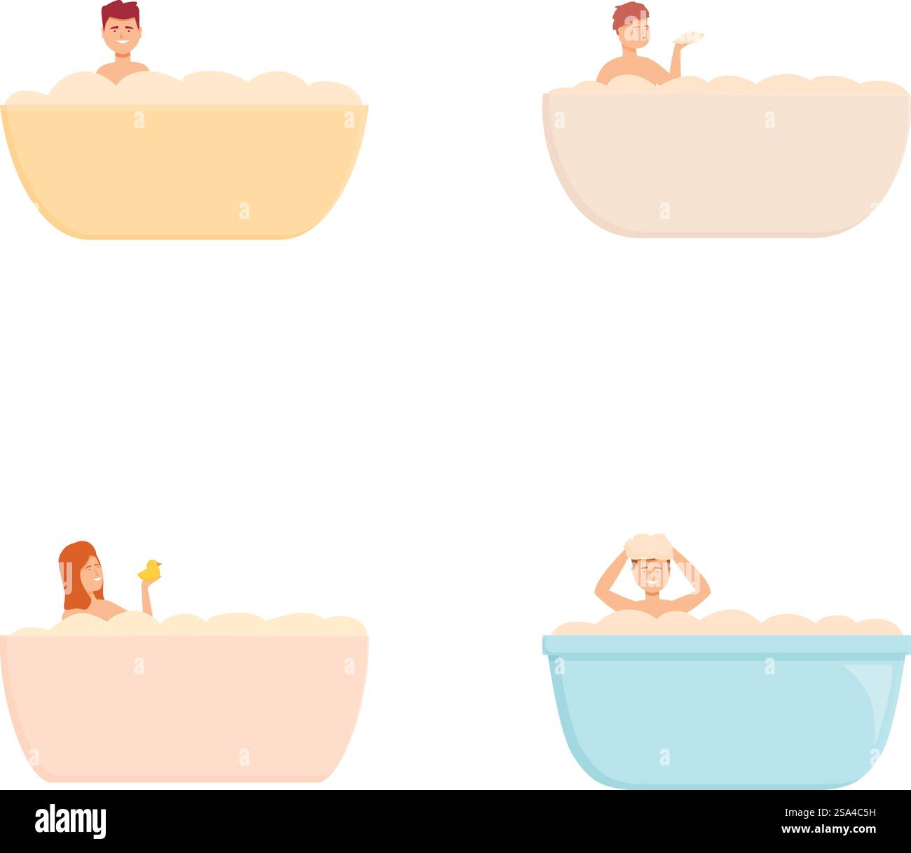 Set of friendly cartoon characters relaxing in bathtubs filled with bubbles. Cartoon people ...