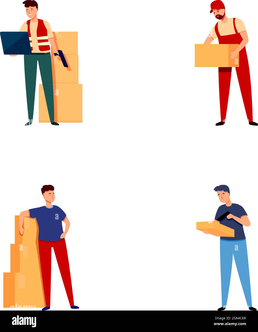 Collection of four illustrations featuring delivery men with packages ...