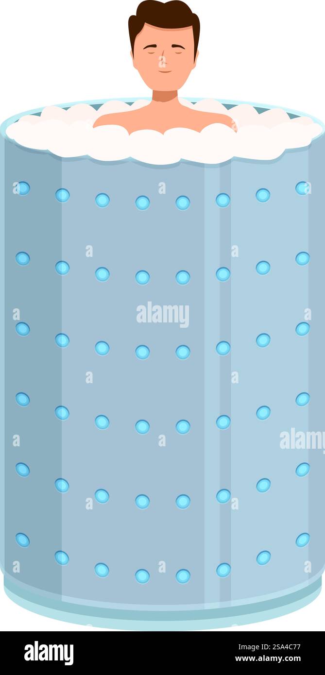 Man is taking a cryotherapy session, standing in a capsule filled with ...