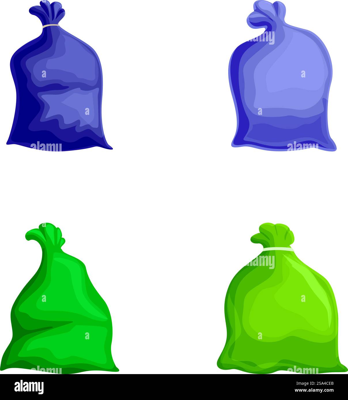 Vector illustration of four colorful trash bags in purple and green ...