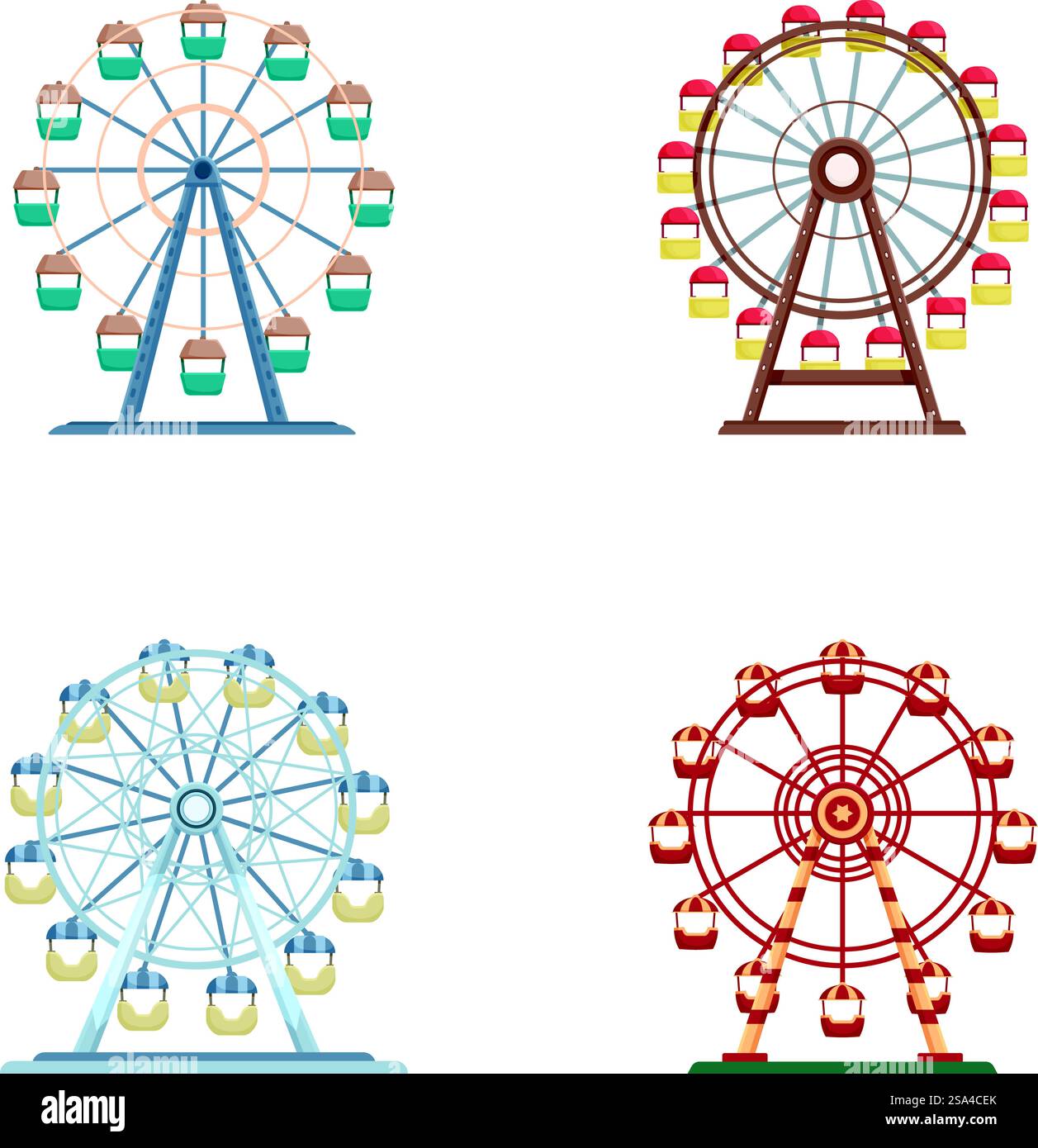 Collection of four stylized ferris wheels with various color schemes ...