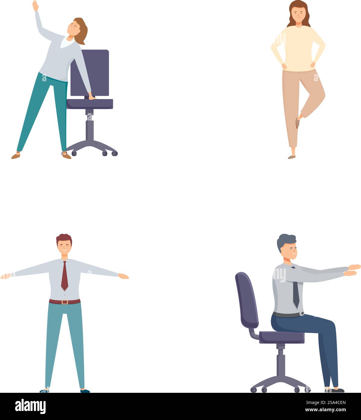 Illustrations of professionals in office attire stretching to promote ...