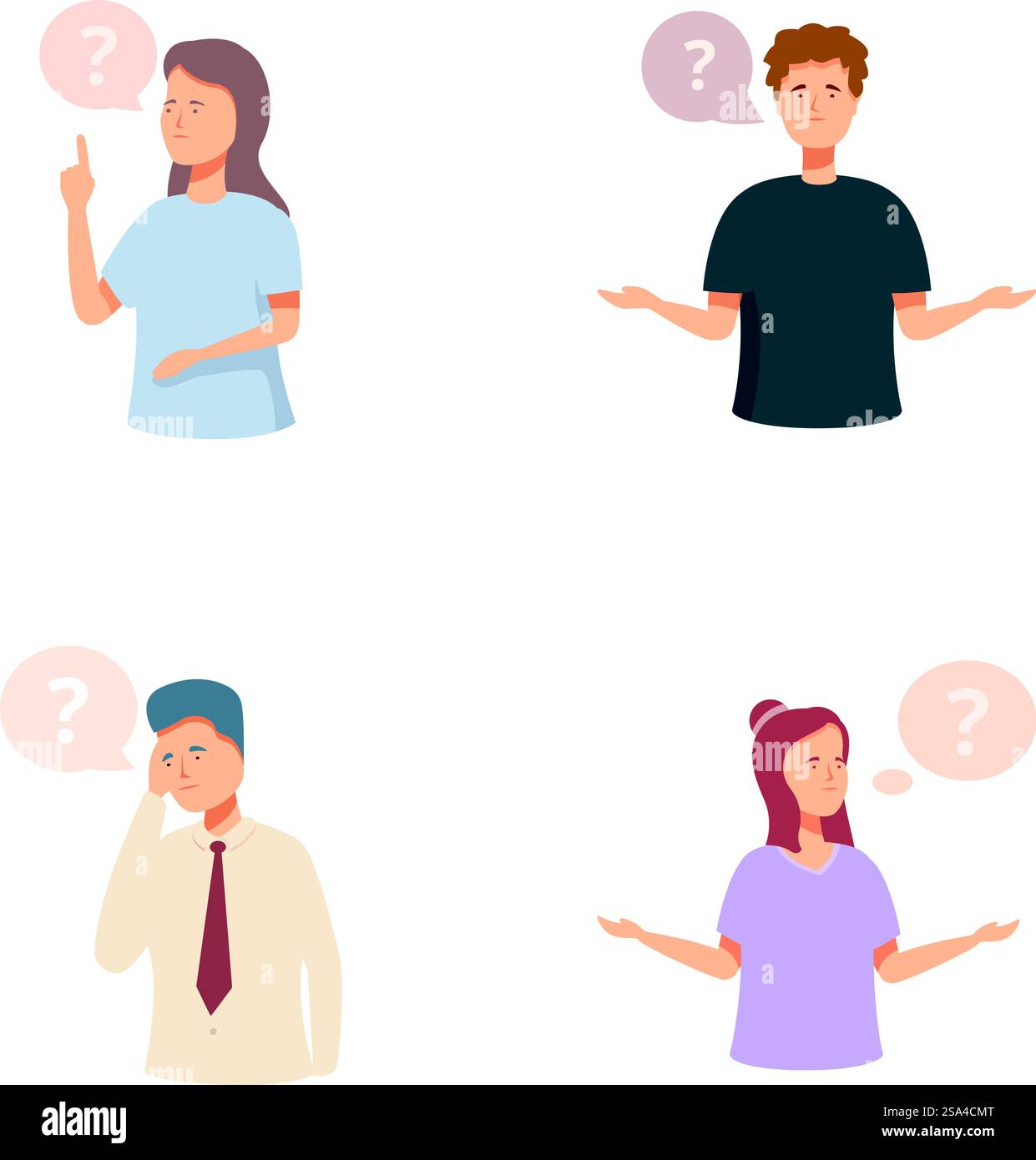 Illustration of diverse individuals pondering with question marks, symbolizing inquiry and ...