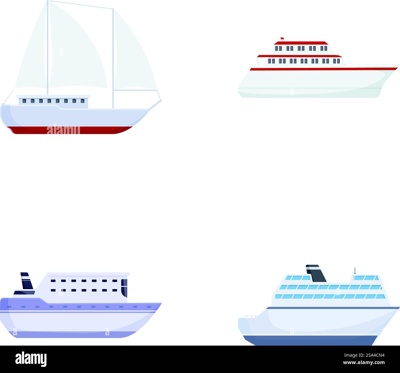 Collection of four cartoon ships and boats isolated on white, ideal for travel and ...
