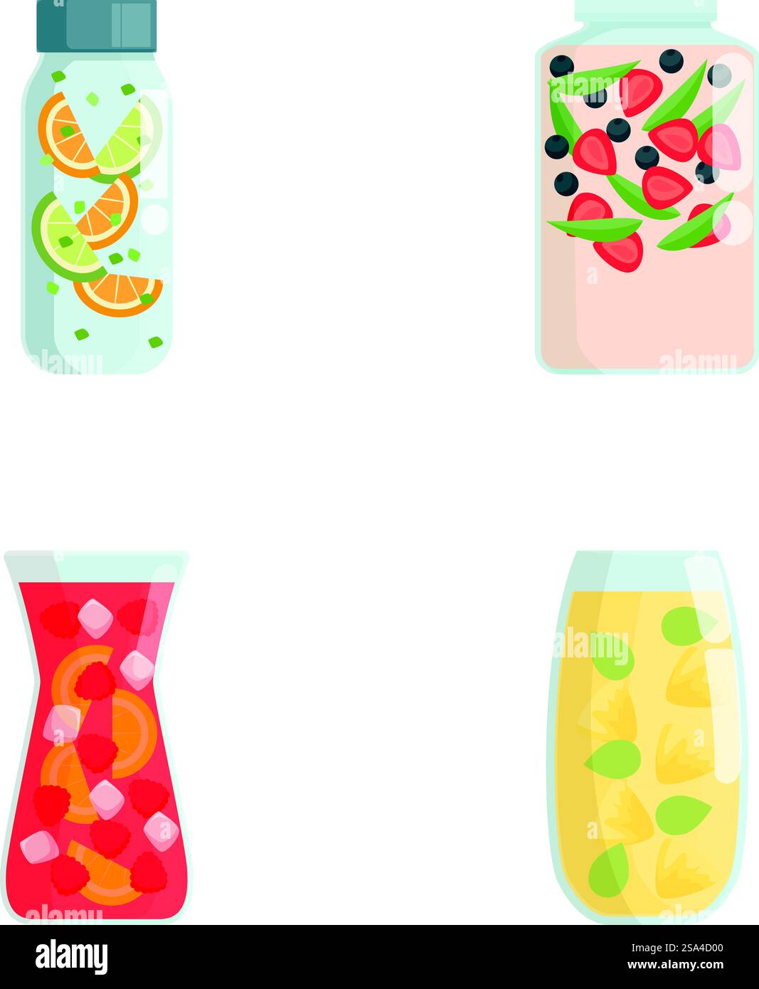 Four vibrant vector illustrations of fruitinfused water in different ...
