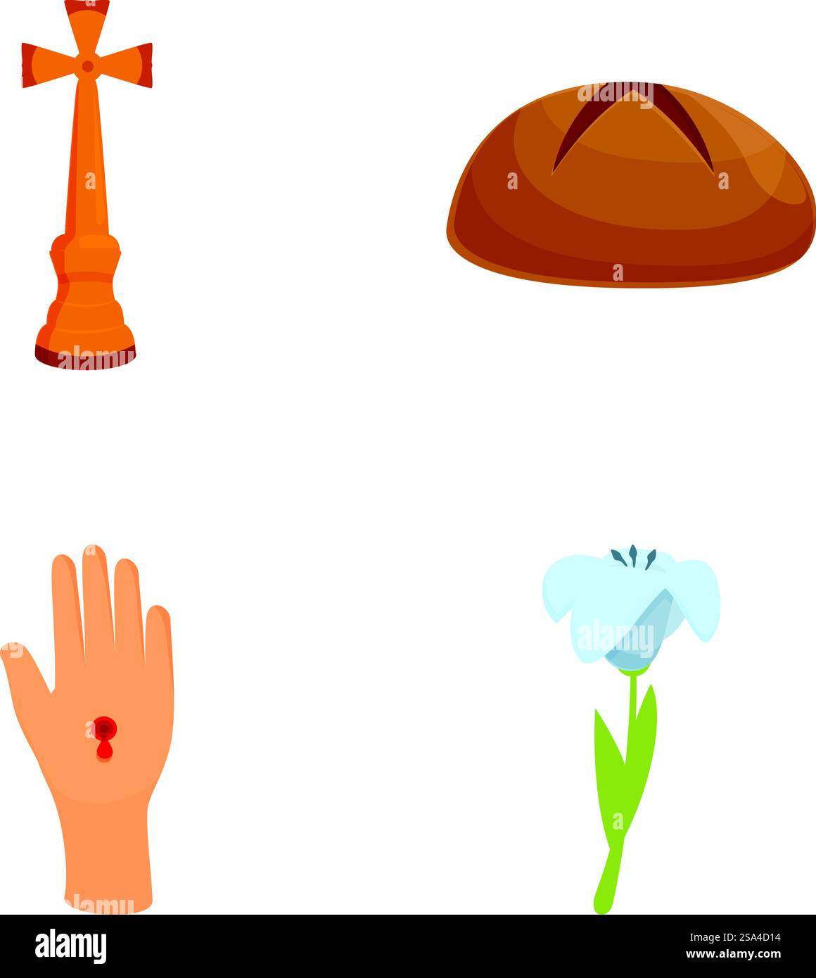 Set of four diverse religious icons including a cross, bread, hand with ...