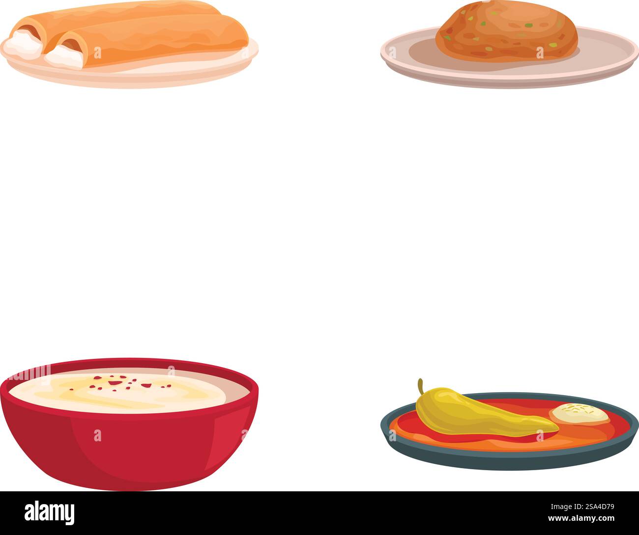 Collection of four illustrated international dishes on a plain ...