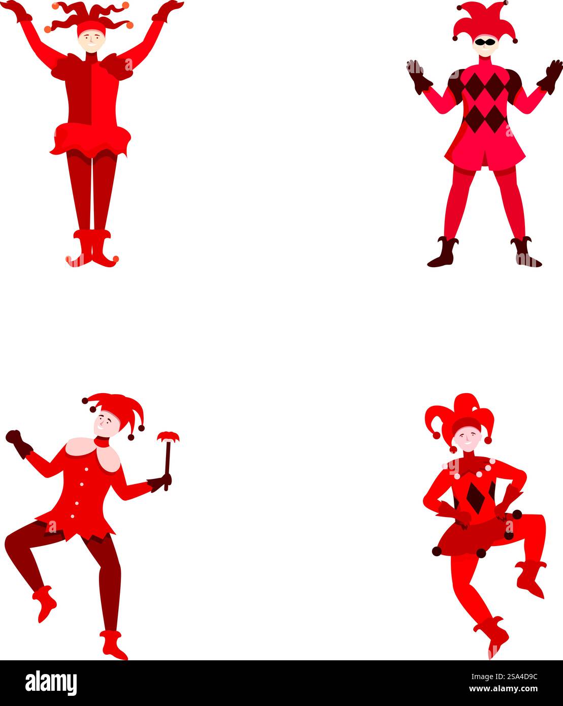 Collection of four jolly cartoon jesters, each depicted in a unique ...