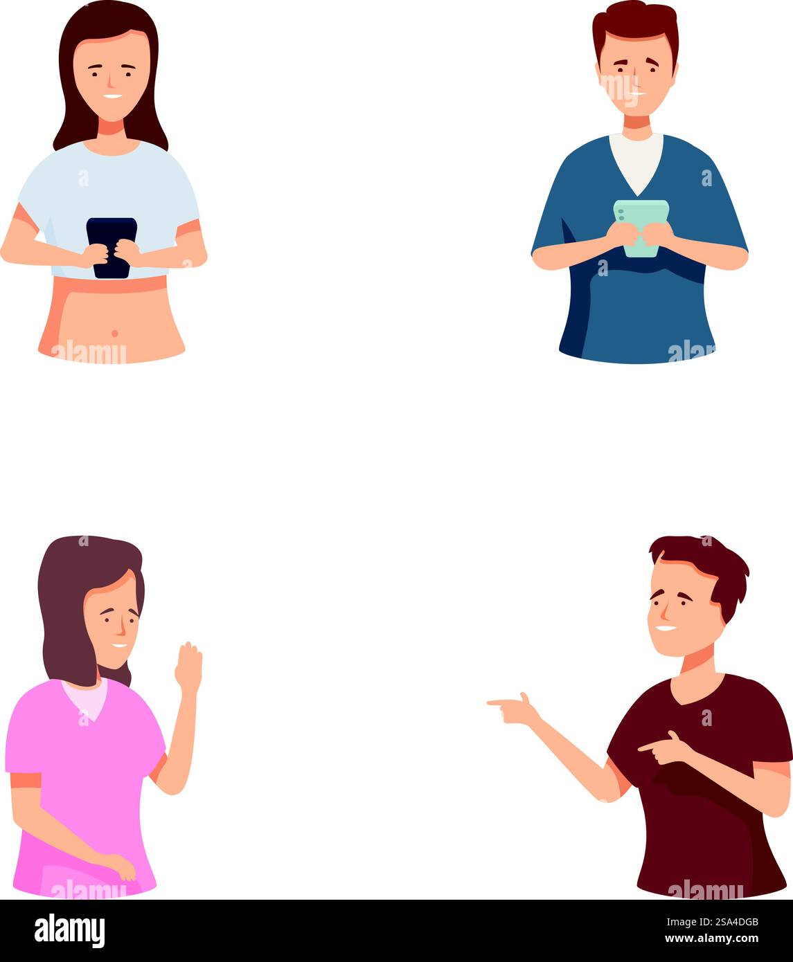 Illustration set of young adults texting and communicating with hand ...