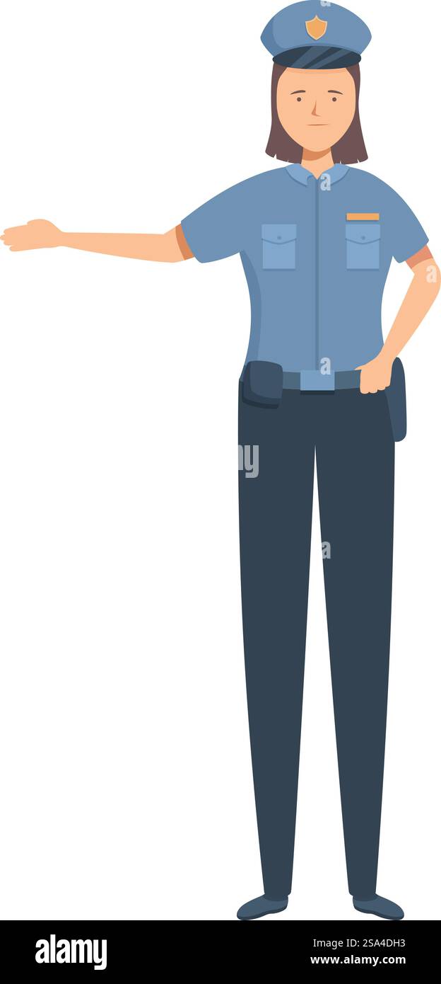 Policewoman is giving directions with her hand resting on her belt. Police woman standing guard ...