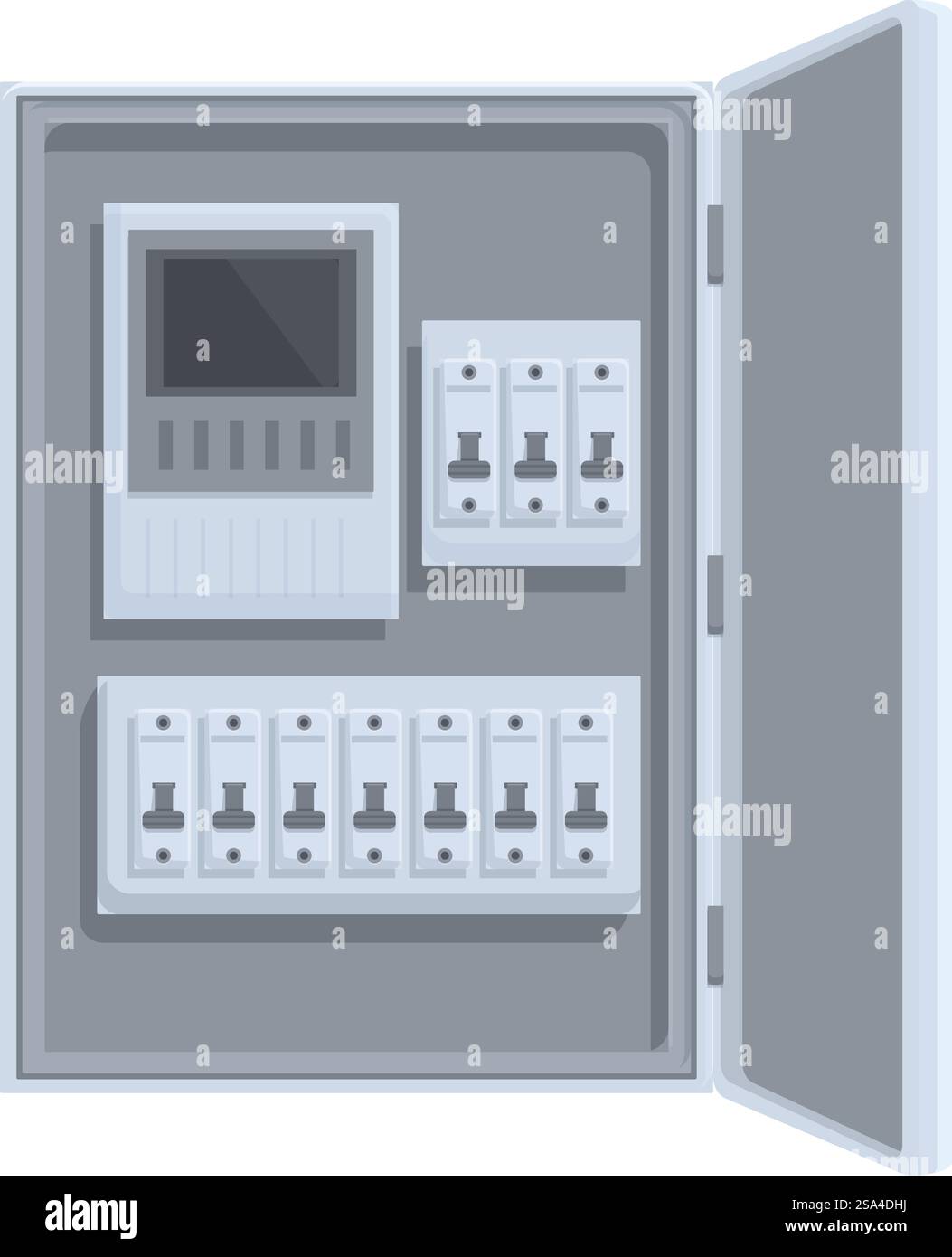 Open electrical panel showing circuit breakers and a meter is being ...