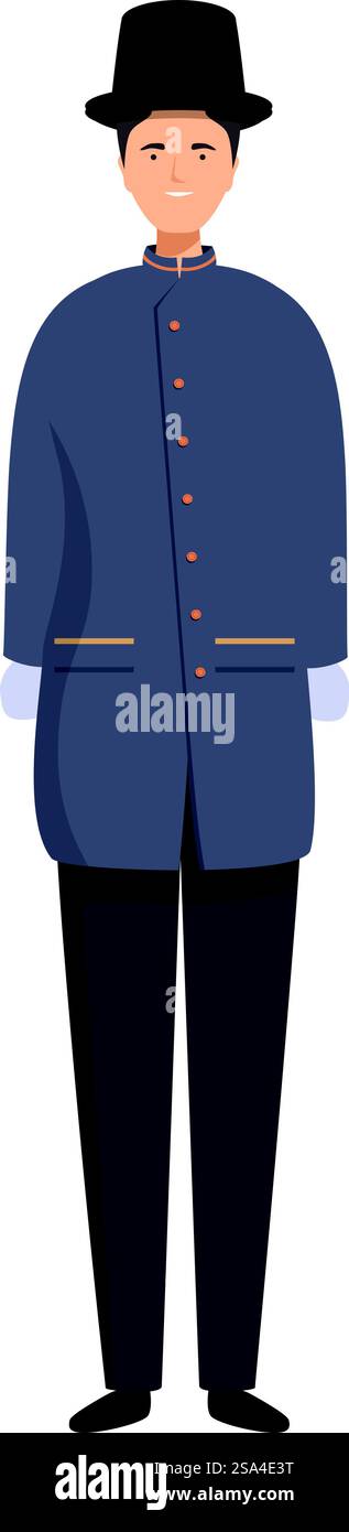 Hotel porter smiling wearing uniform and top hat standing upright ...