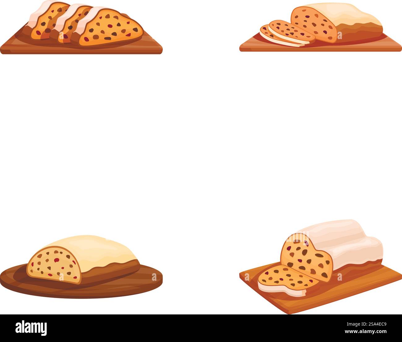 Four illustrations of different bread types presented on wooden cutting ...