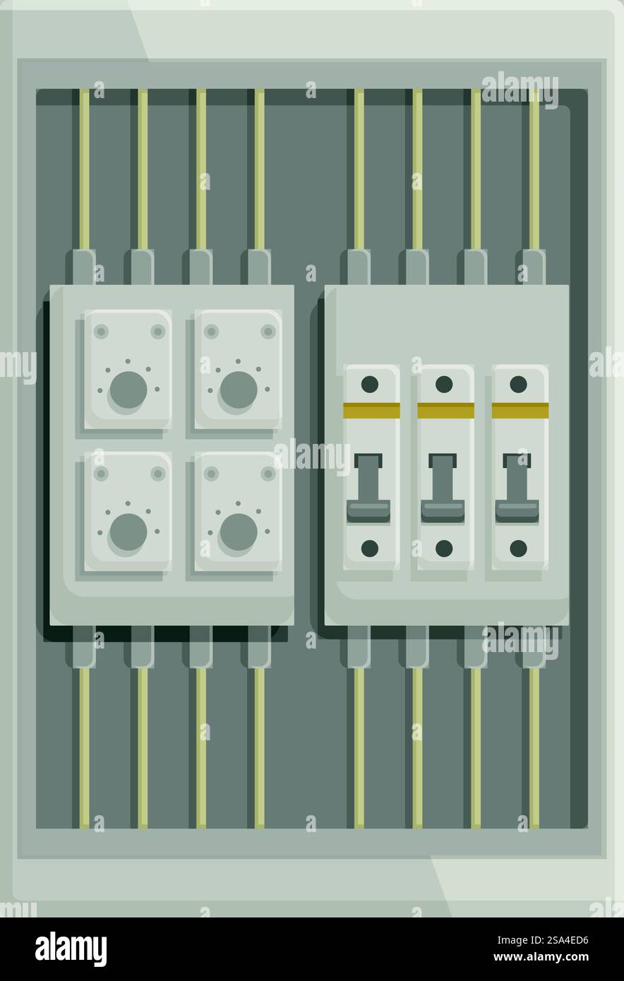 Gray electrical panel with circuit breakers and wires hanging from top ...