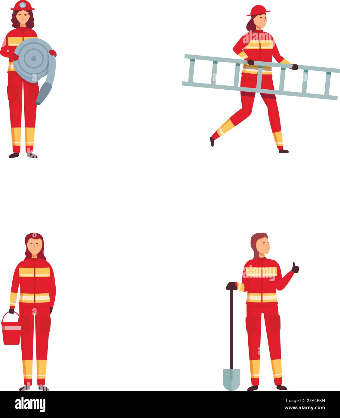 Set of four illustrated firefighters with various equipment on a white ...