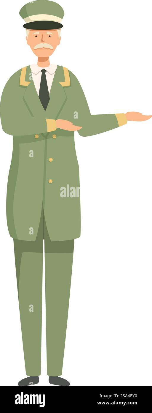 Elderly doorman with mustache wearing green uniform standing and making ...