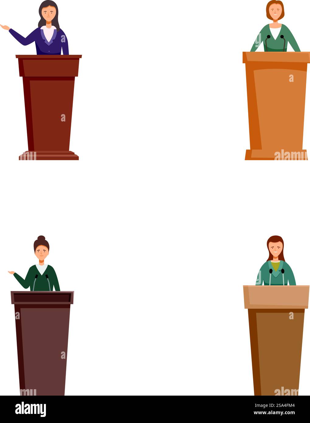 Set of diverse women delivering speeches from podiums, in business ...