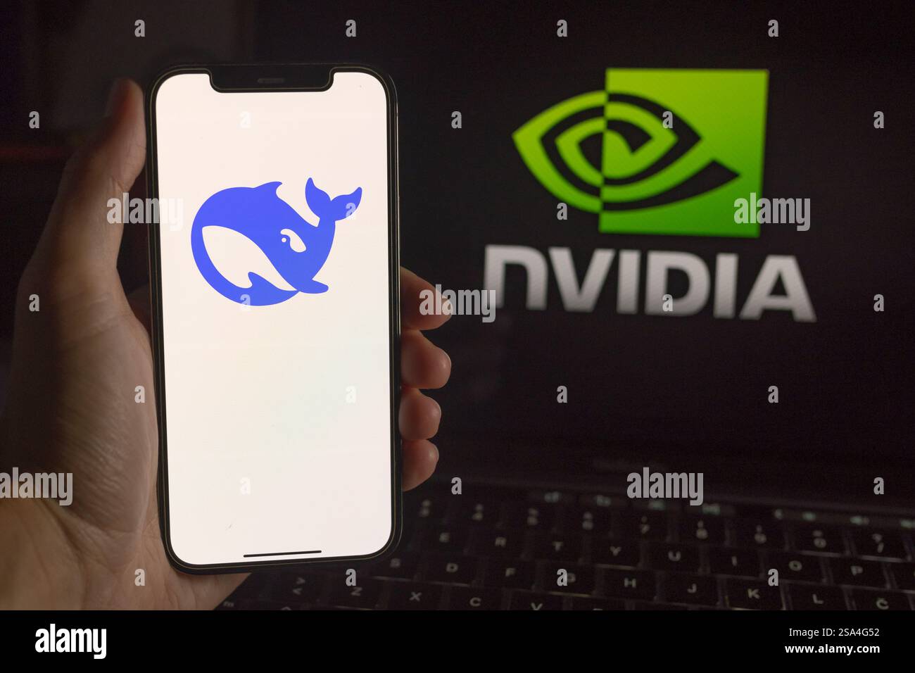 Slovenia, Ljubljana - 28 Jan 2025: DeepSeek logo against Invidia ...