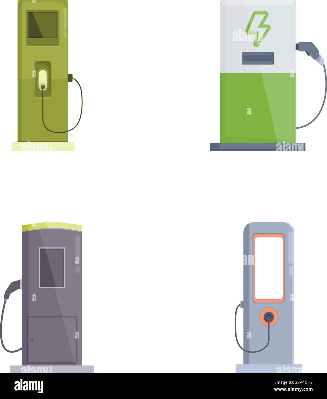Illustration of four different fuel pumps and electric vehicle charging ...