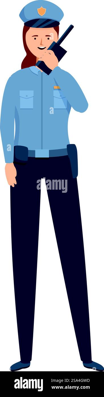 Smiling policewoman talking on radio wearing uniform standing upright ...