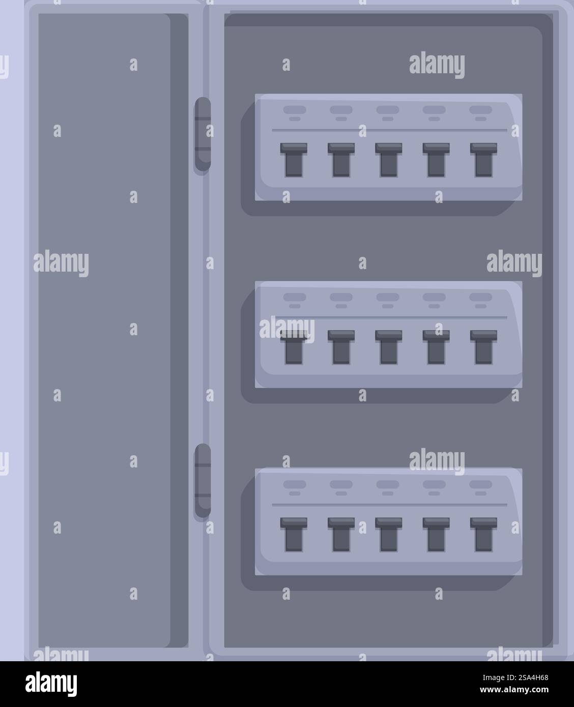 Grey metallic electrical switchboard containing circuit breakers is ...