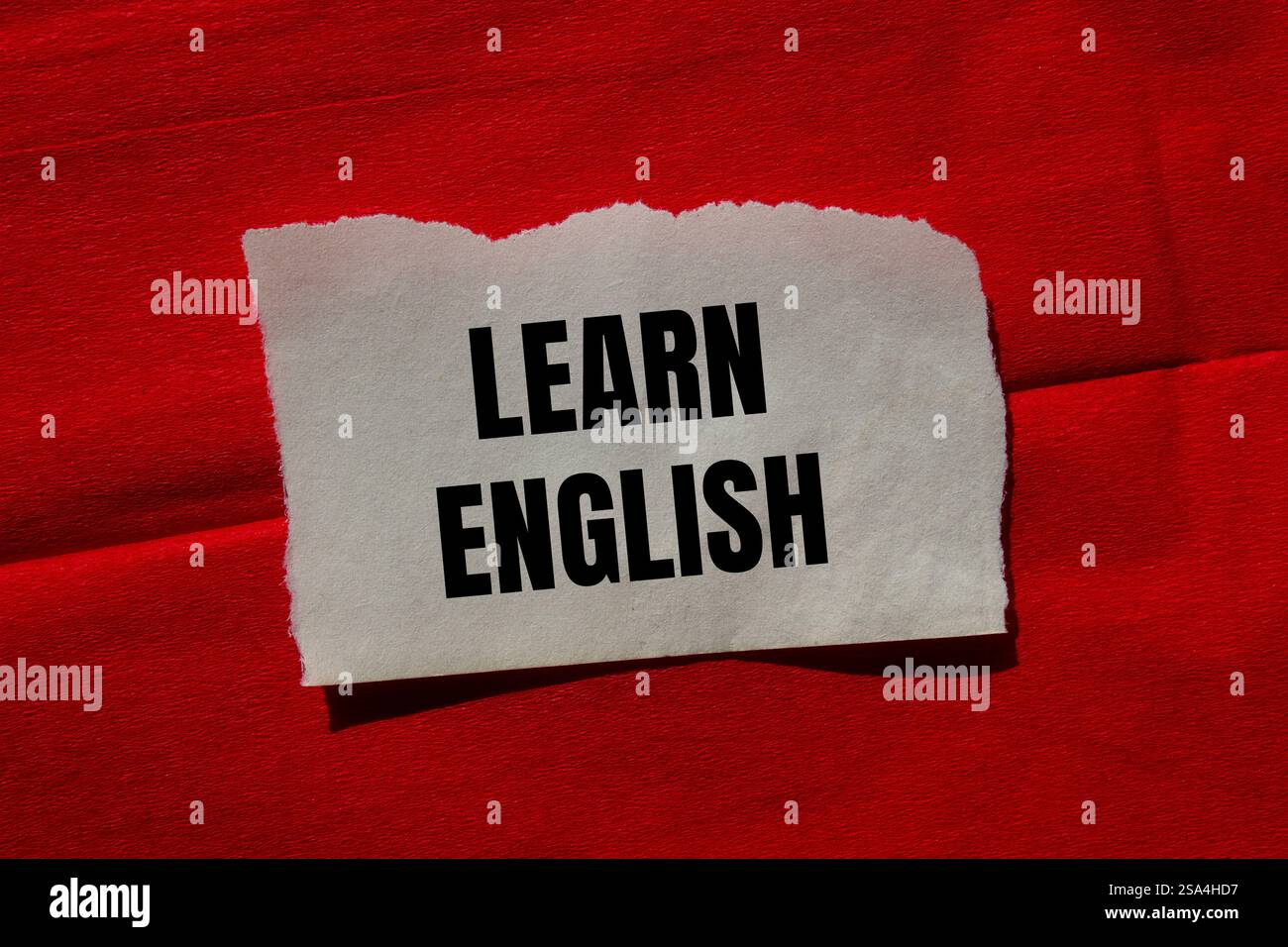 Learn english message written on ripped torn paper piece on red background. Conceptual learn ...