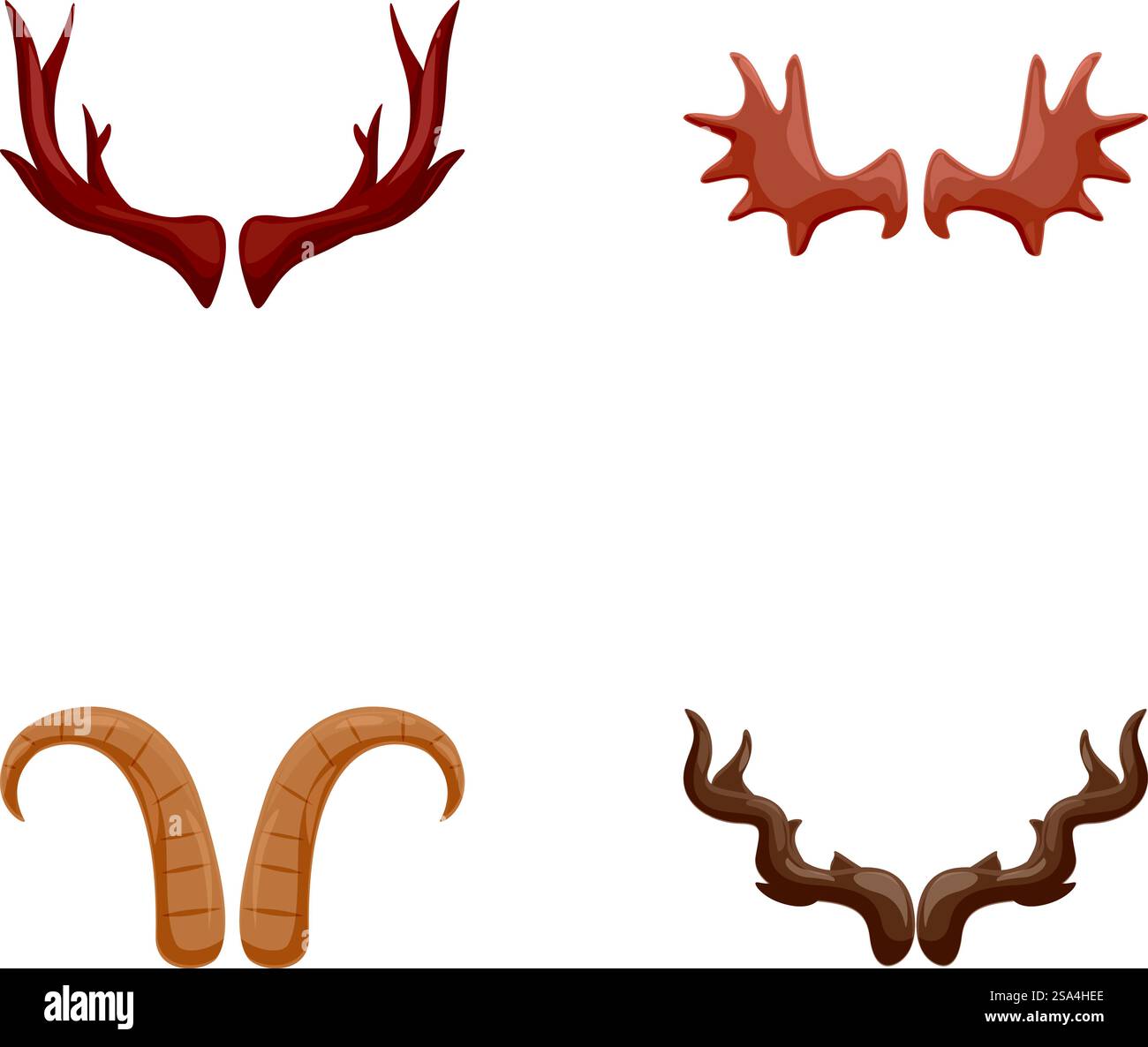 Collection of various detailed animal horns and antlers isolated on a ...