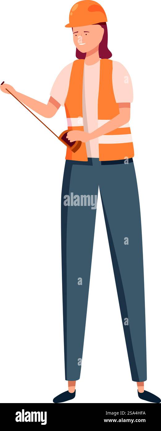 Smiling female construction worker taking measurements using measuring ...