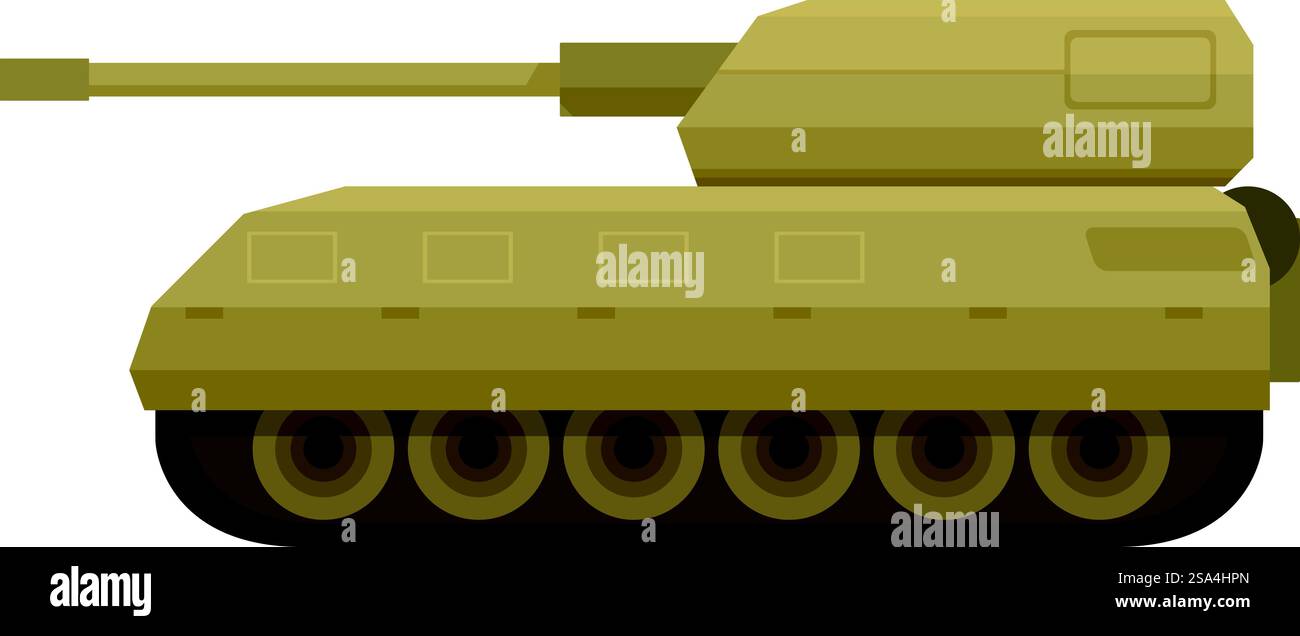 Powerful tracked military tank vehicle with a large gun, moving on a white background. Powerful ...