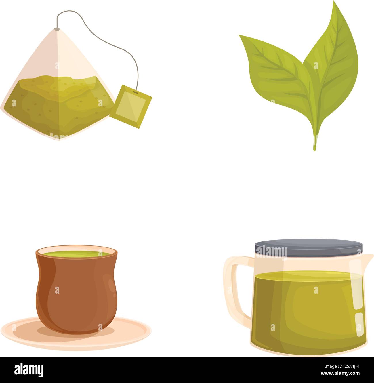 Illustrated tea variety collection with bags, leaves, cups, pots, and ...