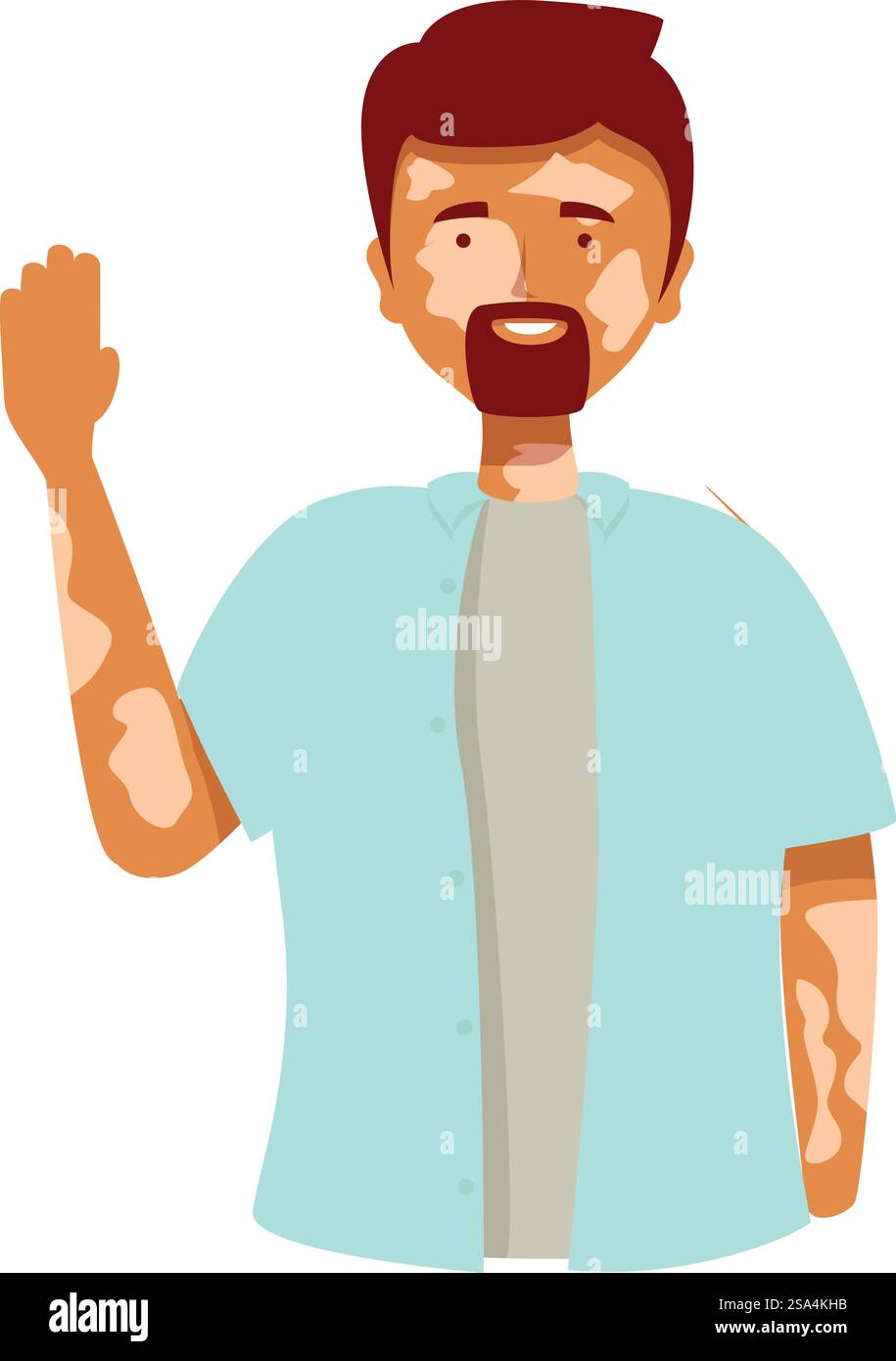 Confident man with vitiligo is waving his hand, promoting acceptance ...