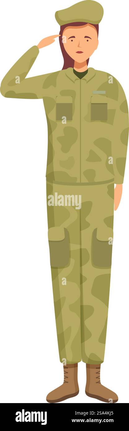 Young female soldier saluting wearing camouflage uniform and beret ...