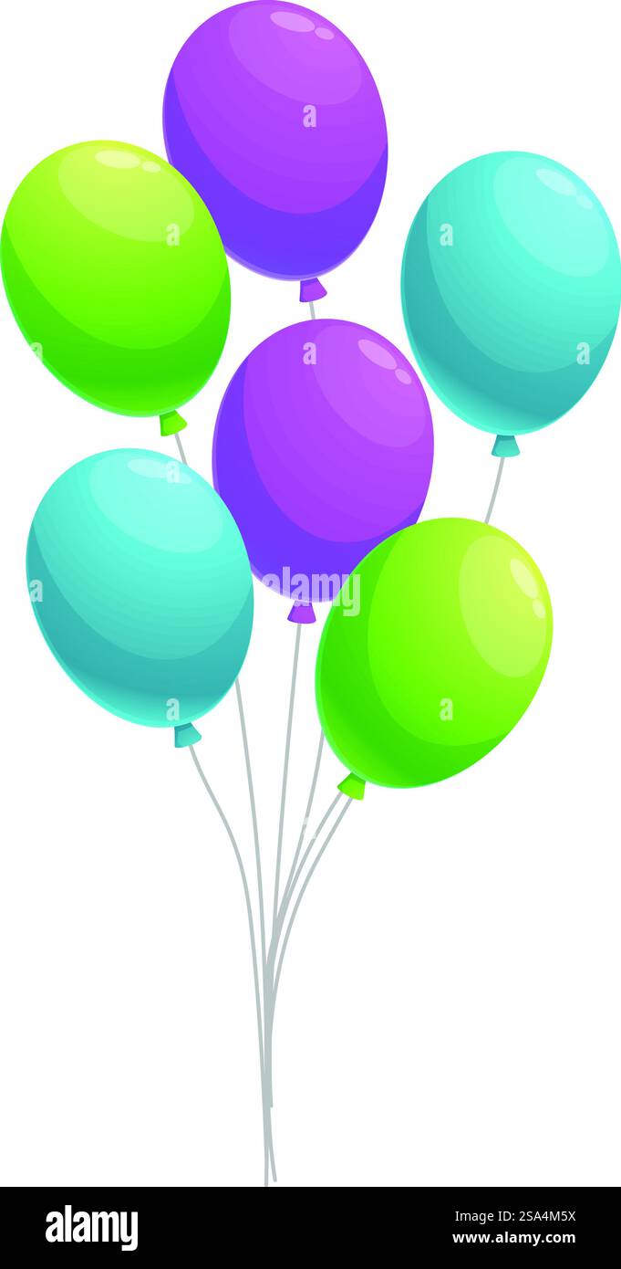 Six colorful balloons are floating in the air, tied together with a white string. Bunch of ...