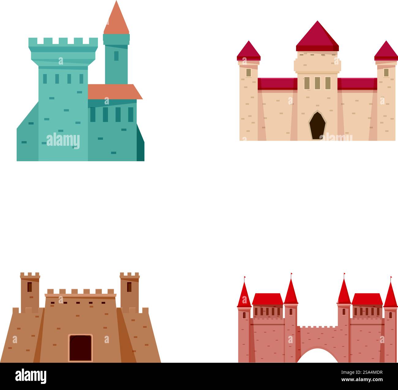 Set of four cartoonstyle medieval castles isolated on white background. Collection of medieval ...