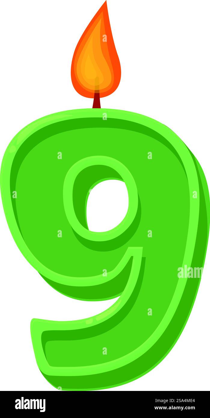 Green number nine birthday candle is burning with a bright flame. Green ...
