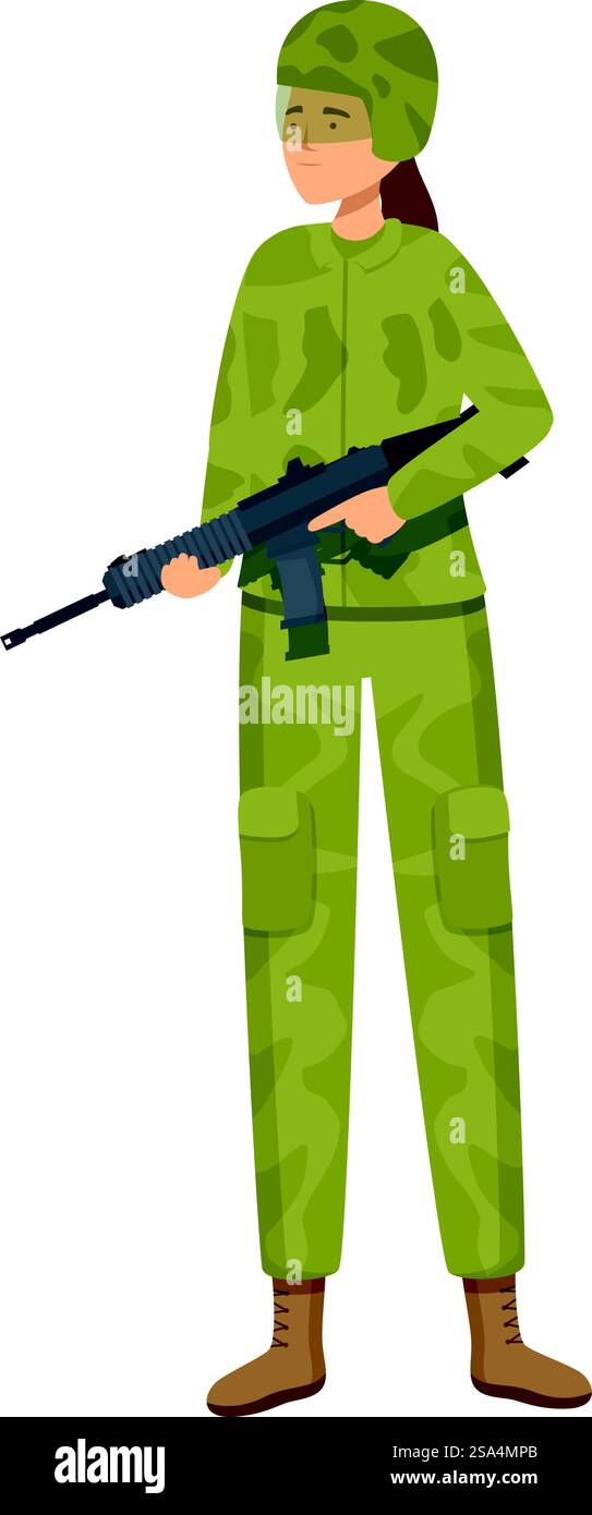 Female soldier is standing with a stern expression, holding a large ...