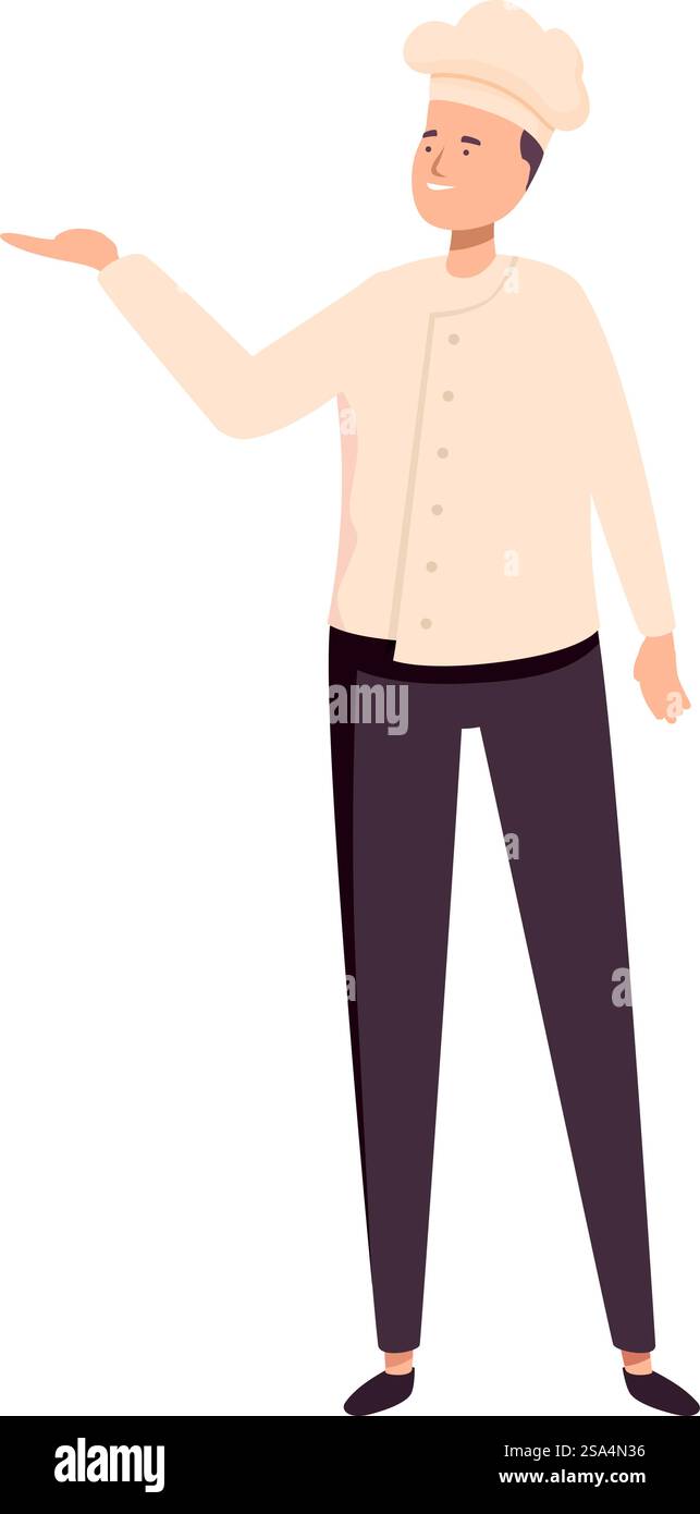 Smiling confident chef is pointing to the side presenting a food ...