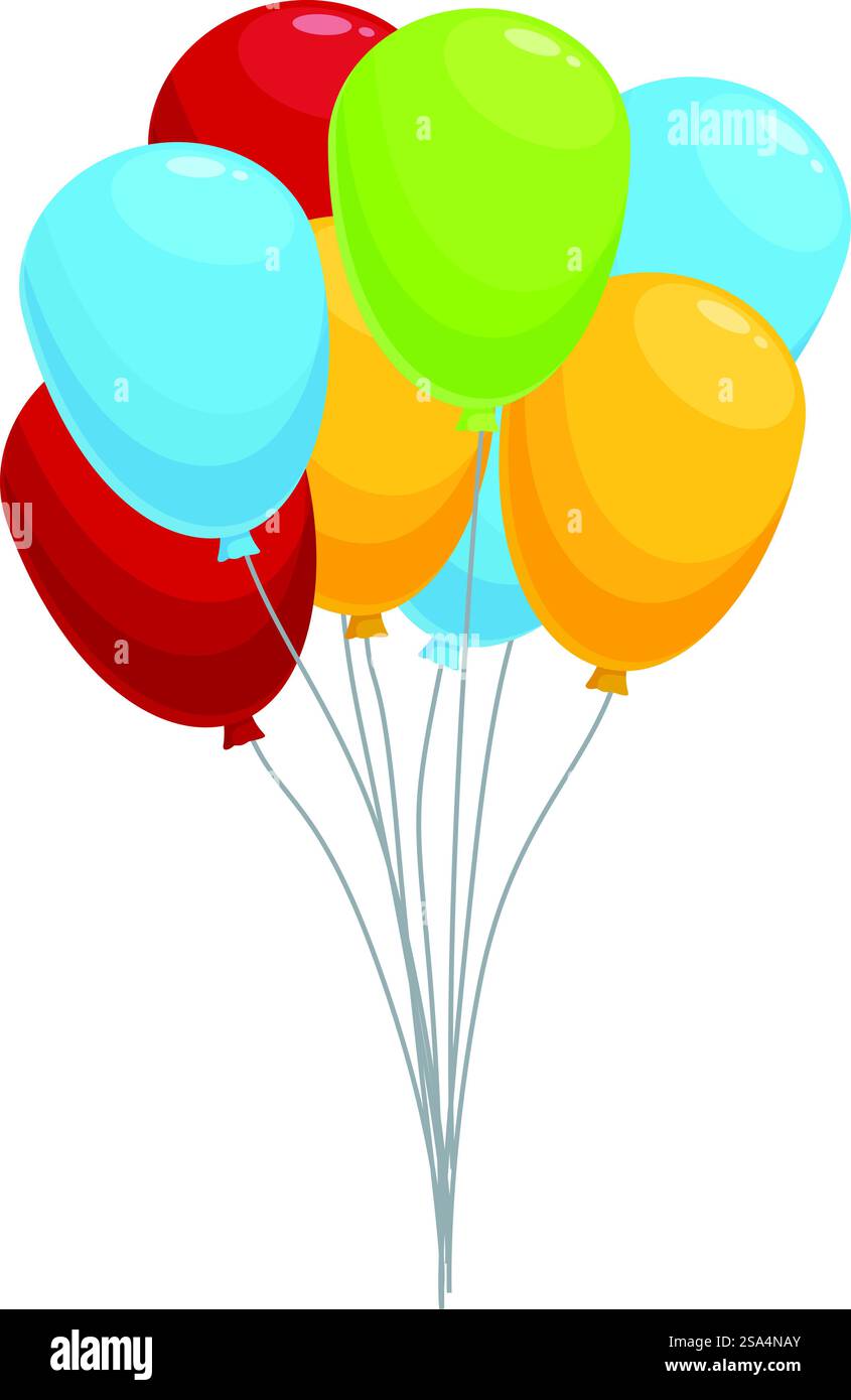 Colorful balloons are floating in the air, tied together with a silver ...