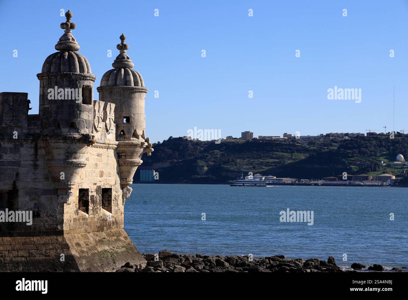 Belém Tower with ships in Tagus River in the background. Belem.Lisbon ...
