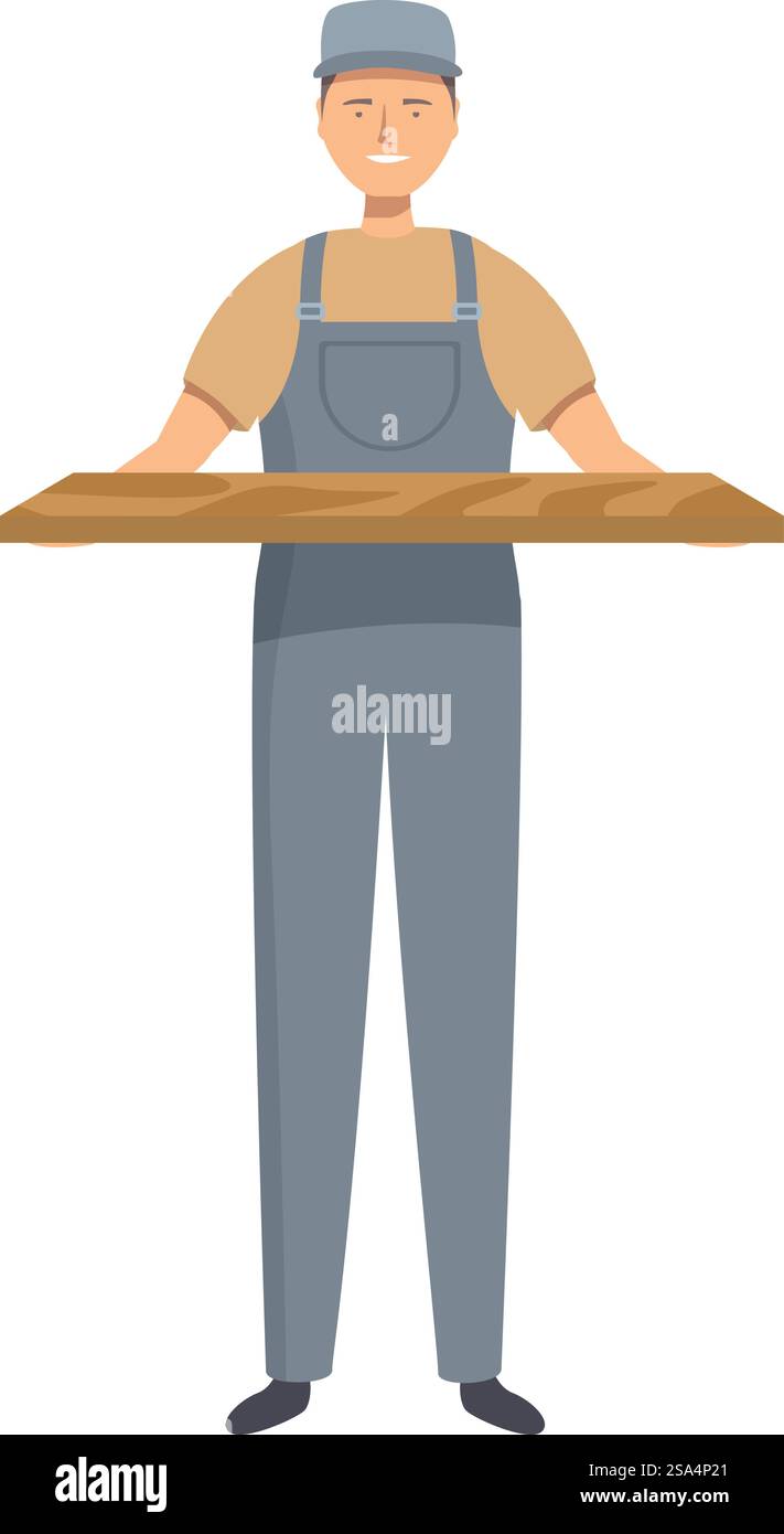 Smiling carpenter holding wooden plank, character wearing overalls and ...