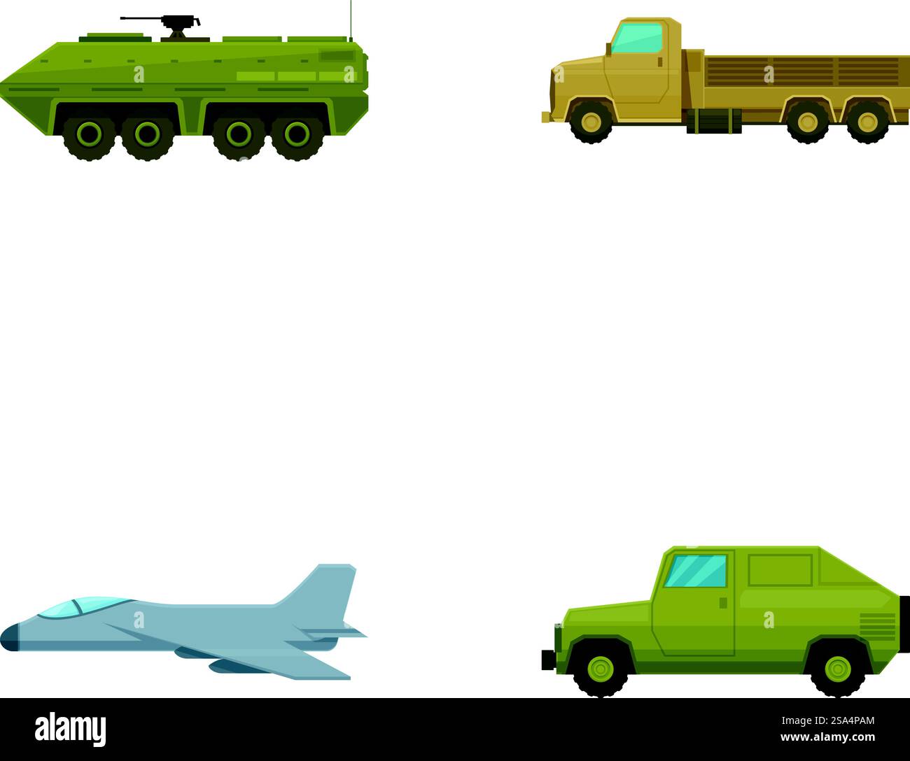 Flat design icons of a tank, truck, fighter jet, and armored vehicle on a white background. Set ...