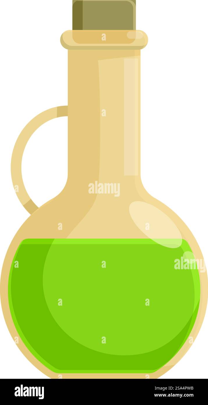 Cartoon style drawing of a green potion in a glass bottle closed with a ...