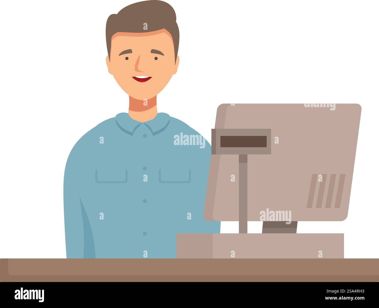 Male cashier smiling while working at checkout counter with cash ...