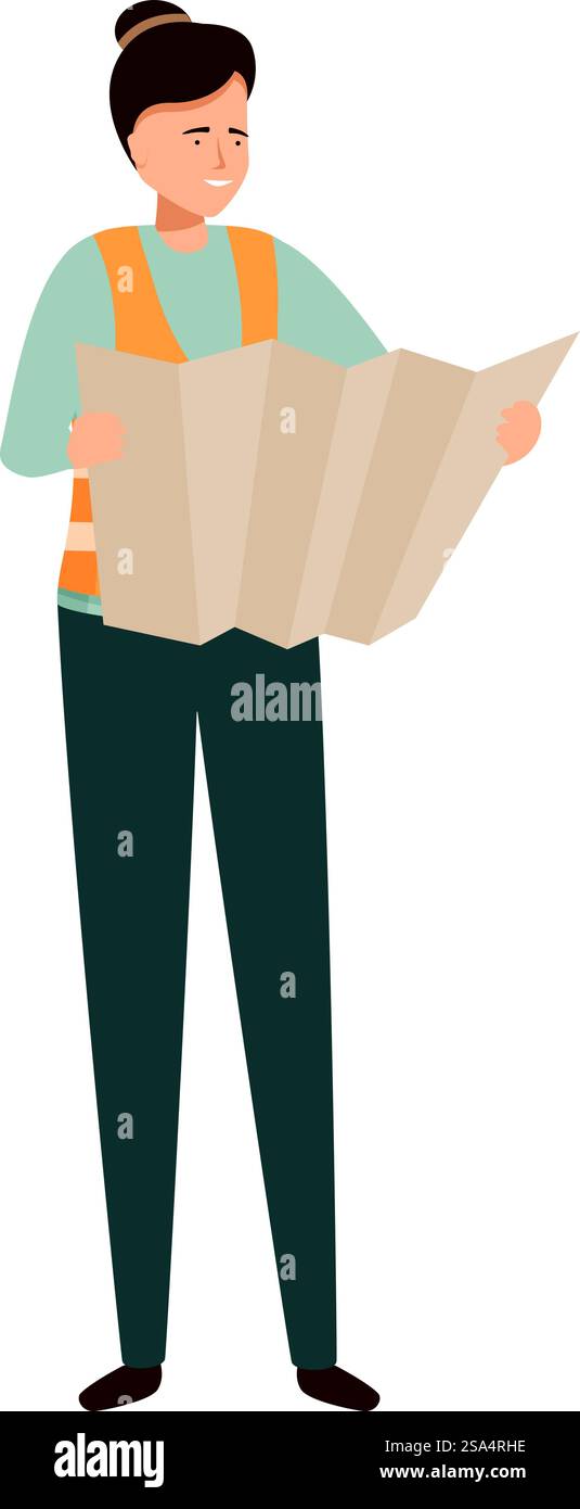 Smiling young female engineer studying a construction plan wearing a ...