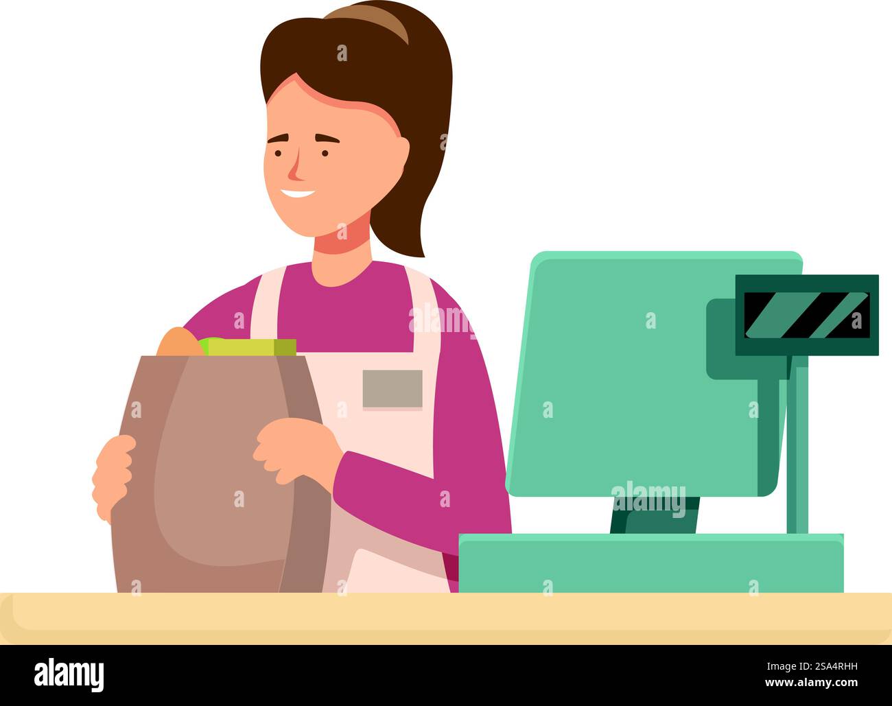 Friendly cashier is packing a grocery bag at the checkout counter of a ...