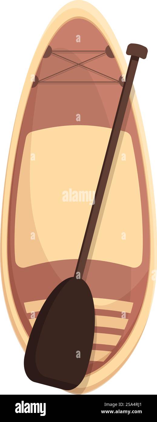 Cartoon illustration of a wooden canoe with a paddle lying on sand ...