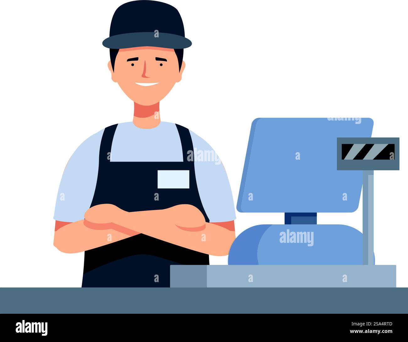 Happy supermarket employee wearing black apron and name tag standing ...