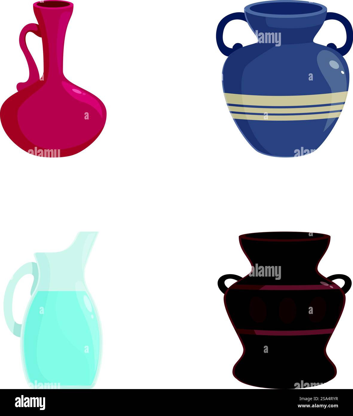 Set of four colorful vector illustrations of different styled jugs and ...