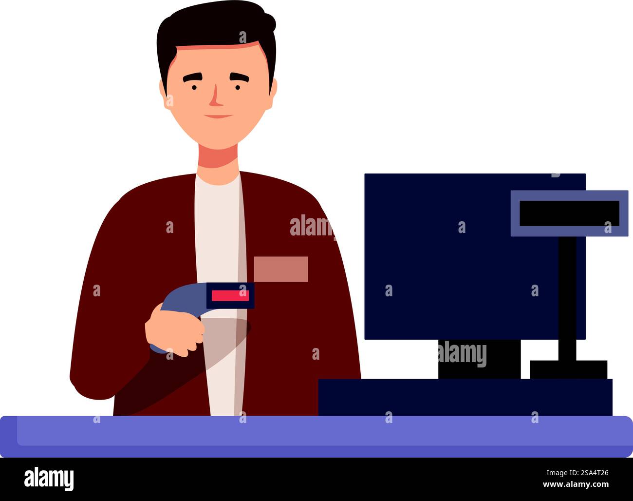 Cashier holding barcode scanner standing at cash desk in supermarket ...