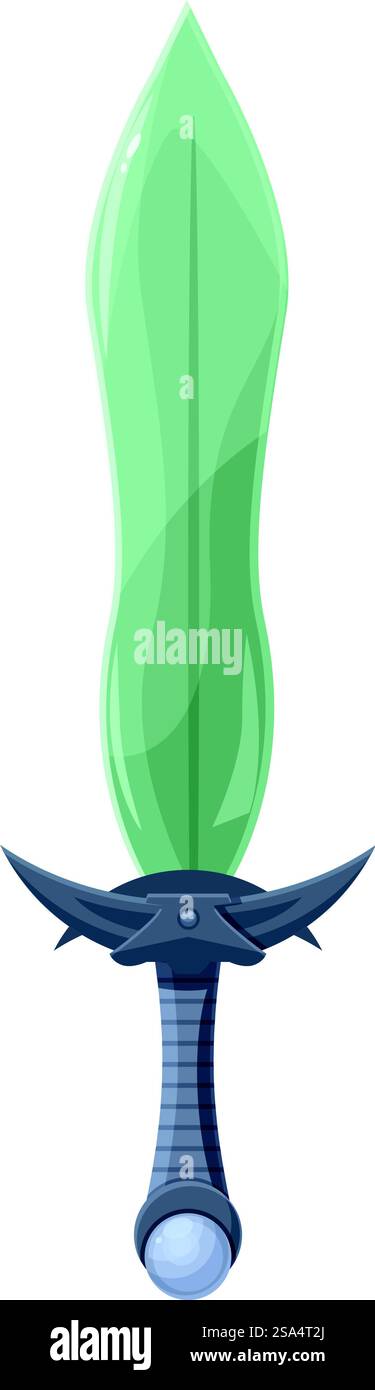Fantasy green sword with metal hilt standing upright on white ...